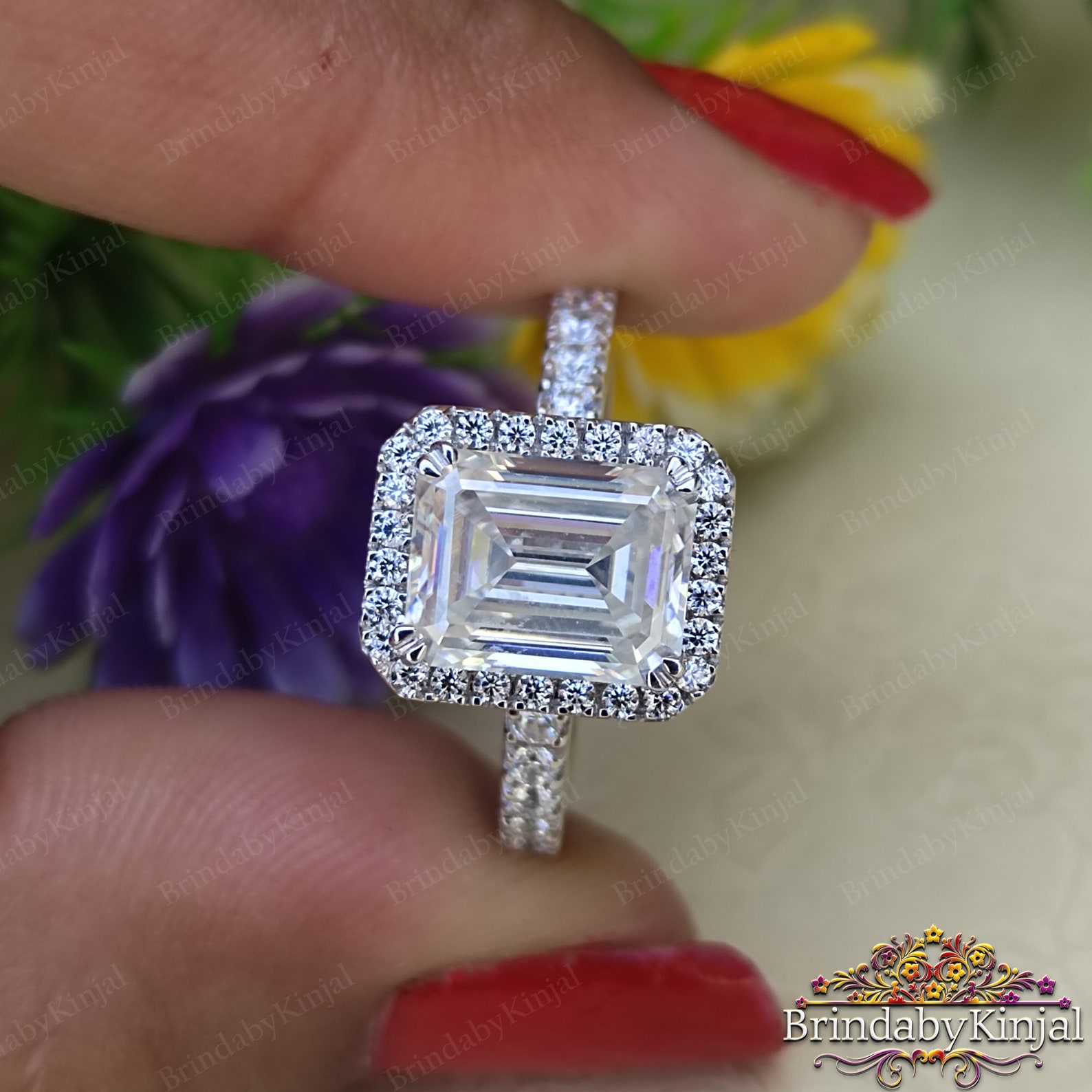 Halo 9x7mm Emerald Cut Moissanite Engagement Ring 2 50ct Emerald Cut