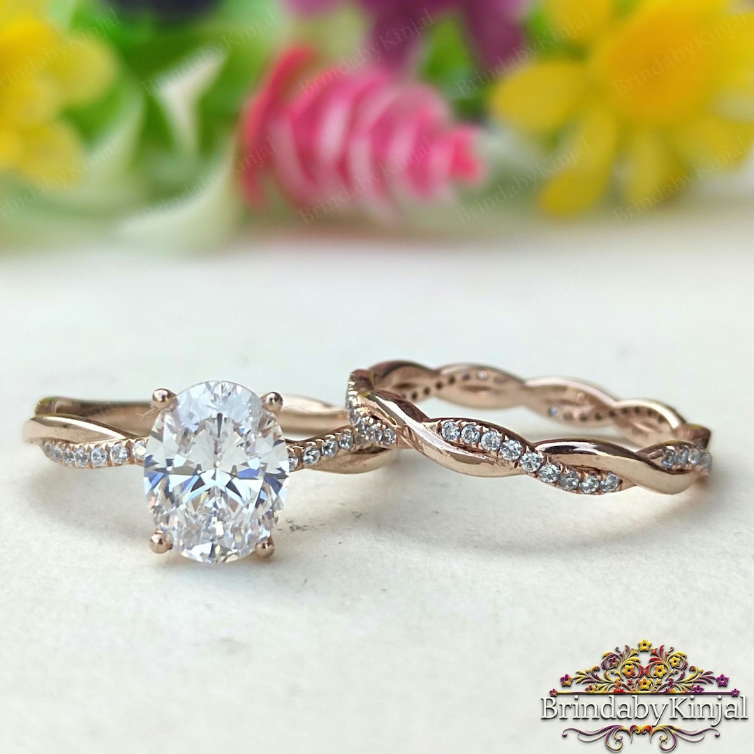 2 CT Oval Cut Moissanite Engagement Ring Set Bridal Set ,oval Twisted Band Ring ,art Deco 14k ...