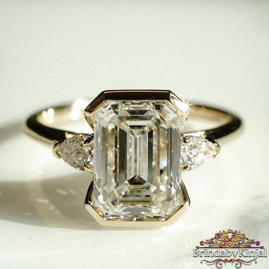 Half Bezel Emerald Cut Three Stone Moissanite Engagement Ring, 10K/14K ...