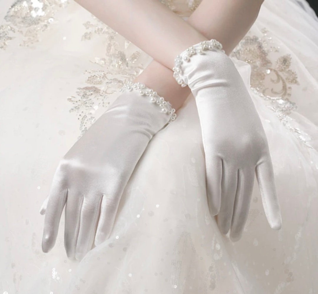 White Bridal Gloves Satin Style With Pearl Detail Women's Gloves Bridal ...