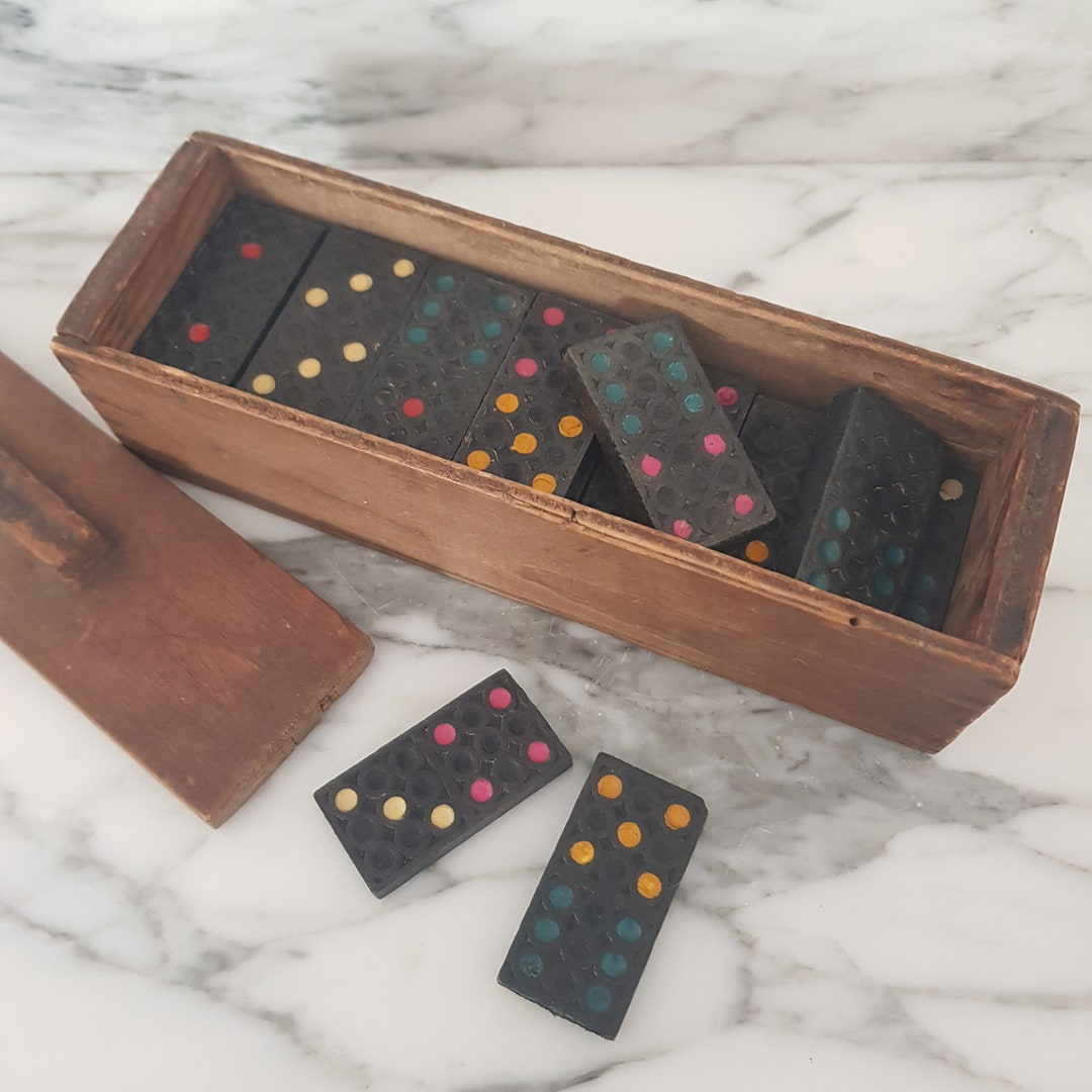 Old Dominoes With Rare Colours in Wooden Box - Complete Set of 28 Tiles ...