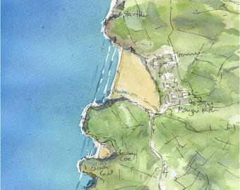 Mawgan Porth Map Art Cornwall Map Art, Mawgan Porth Beach Map, Cornwall ...