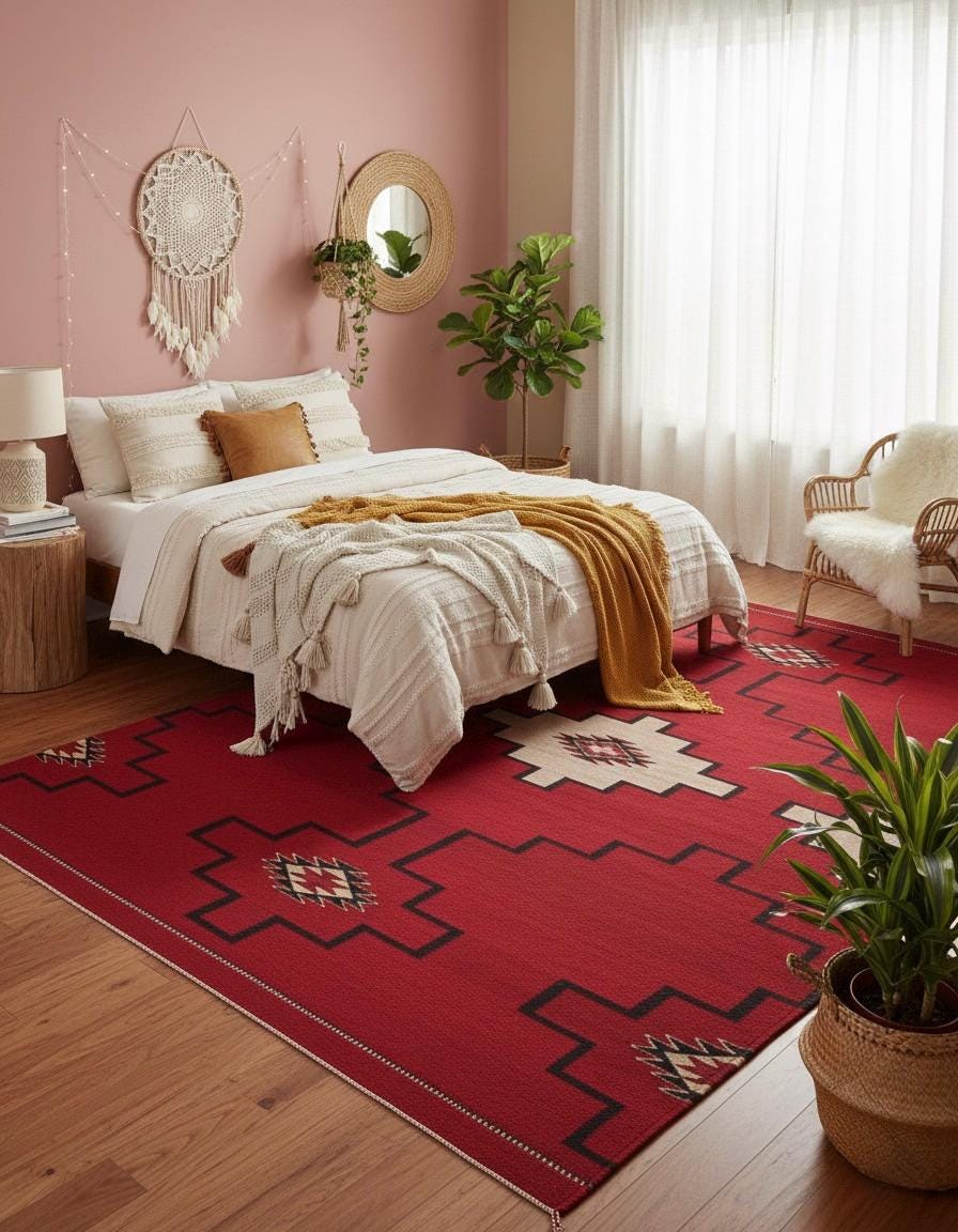 Red Navajo Kilim Rug, Handwoven Native American Zepotec Wool Area Rug ...