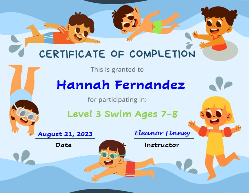 Customizable Swim Certificate | Edit Student Name, Class Name, Date ...