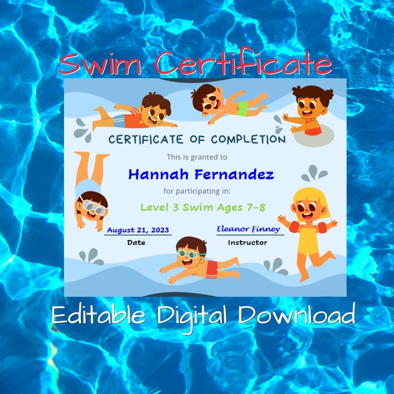 Customizable Swim Certificate | Edit Student Name, Class Name, Date ...