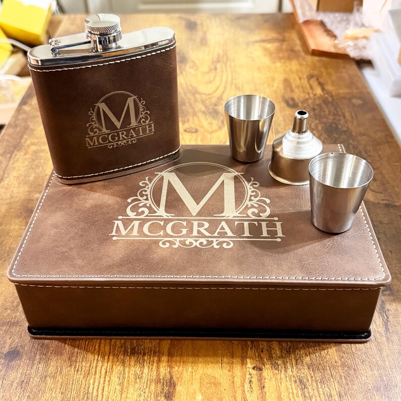 Personalized Flask Gift Set W/ Custom Monogram | Box & Flask | Includes ...