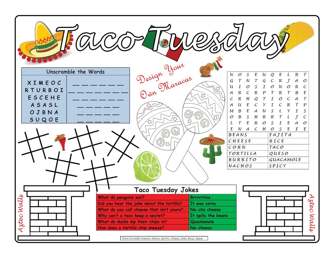 Taco Tuesday Kids Activity Placemat - Print at Home Letter Sized 8.5x11 ...