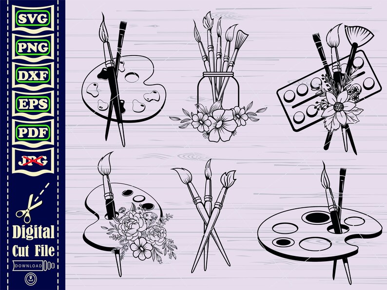 Artist Supplies SVG 1 Paint Brushes Svg Floral Palette Svg - Etsy