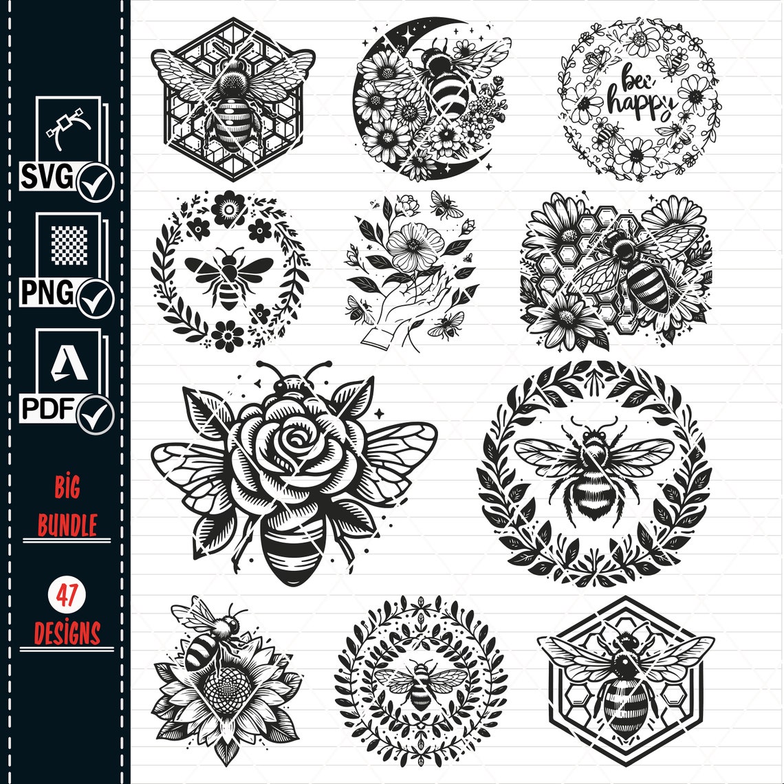 Floral Bee SVG Bundle, Honeycomb, Queen Bee Clipart (digital Download ...