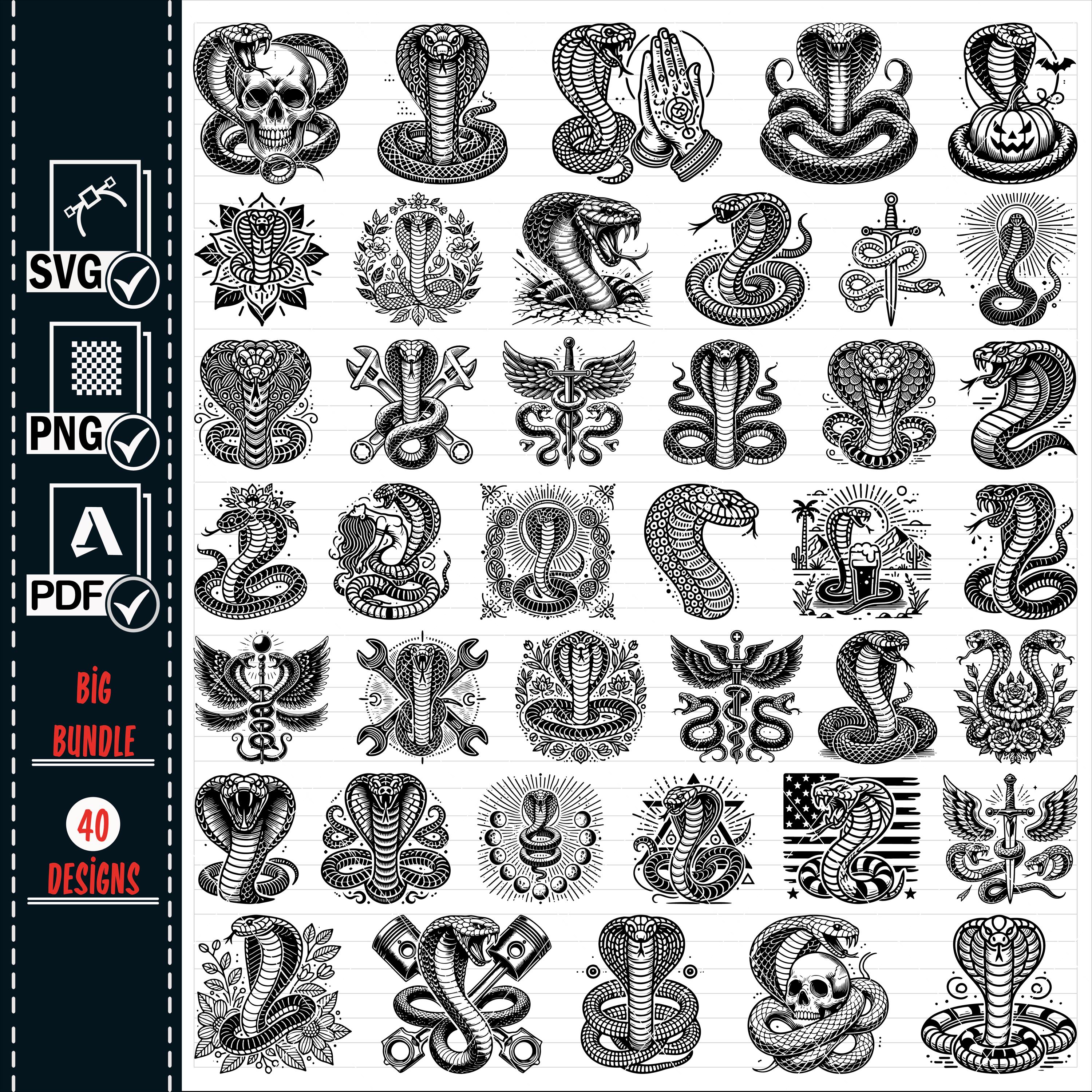 Cobra SVG PNG Clipart Bundle, Floral Snake Vector Designs (digital ...