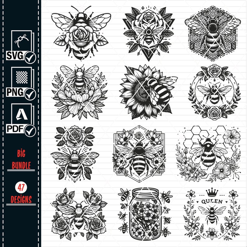 Floral Bee SVG Bundle, Honeycomb, Queen Bee Clipart (digital Download ...