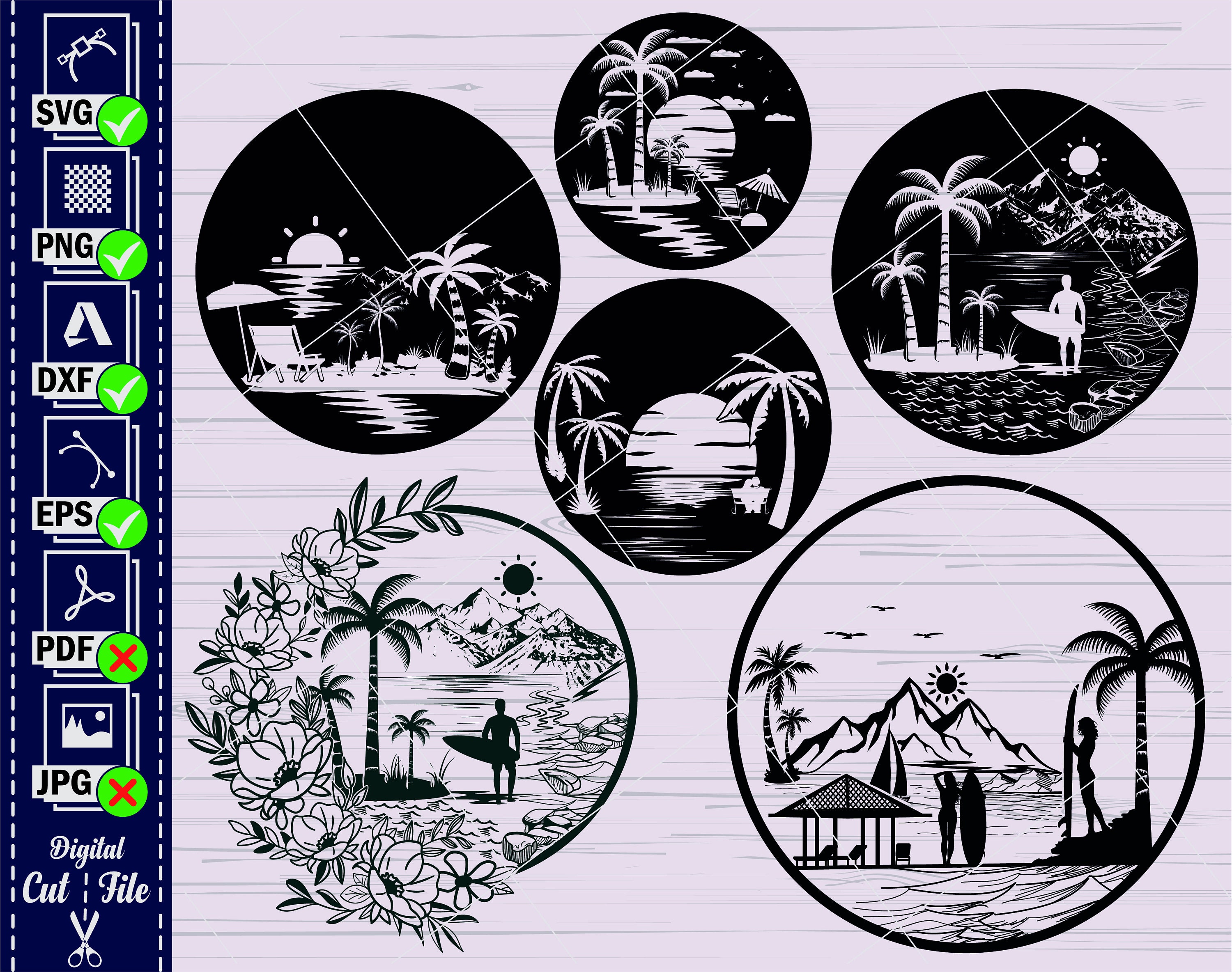 Palm Tree Sunset SVG Bundle, Beach Scene Cut Files (digital Download ...