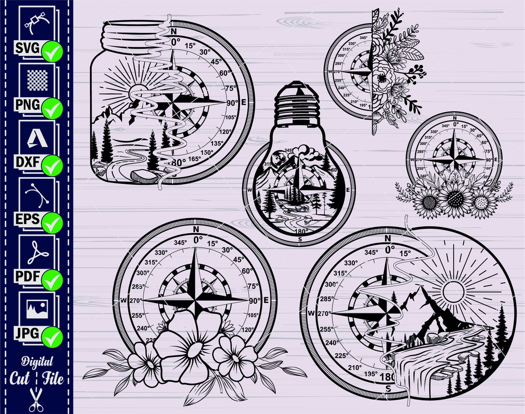 Kompass SVG,2, Scenic Mountain Compass Svg, Camping Kompass Svg, Landschaft und Reise Kompass ...