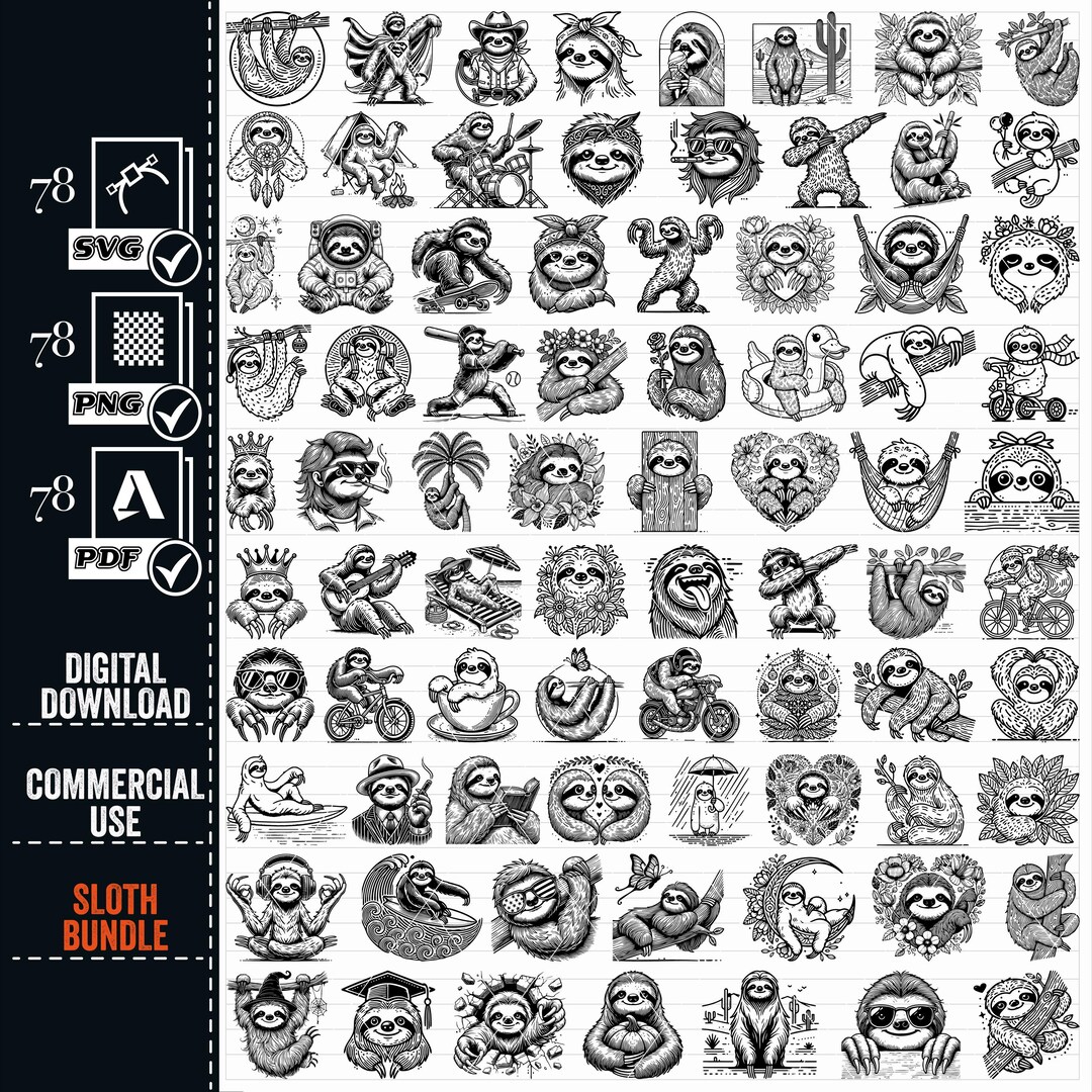 Sloth Svg Png Vector Bundle, Lazy Sloth Clipart, Sloth Dancing Funny ...