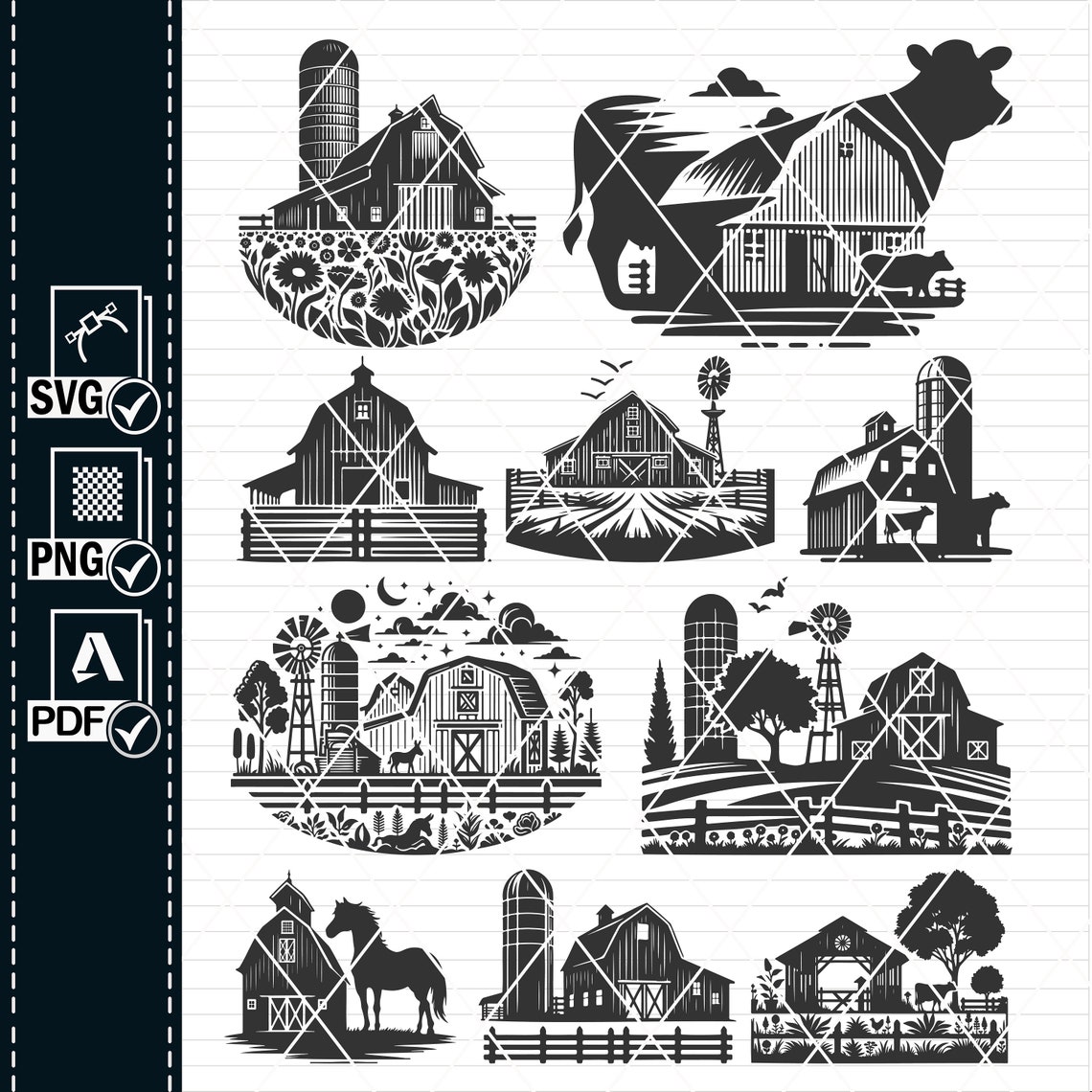 Barn SVG Bundle, Farmhouse Clipart, Vector Cut Files (PDF, PNG) - Etsy