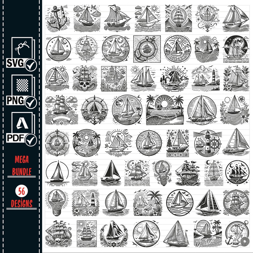 SAILING SHIP SVG Png Mega Bundle, Sailboat Boat Tall War Ship Yacht ...