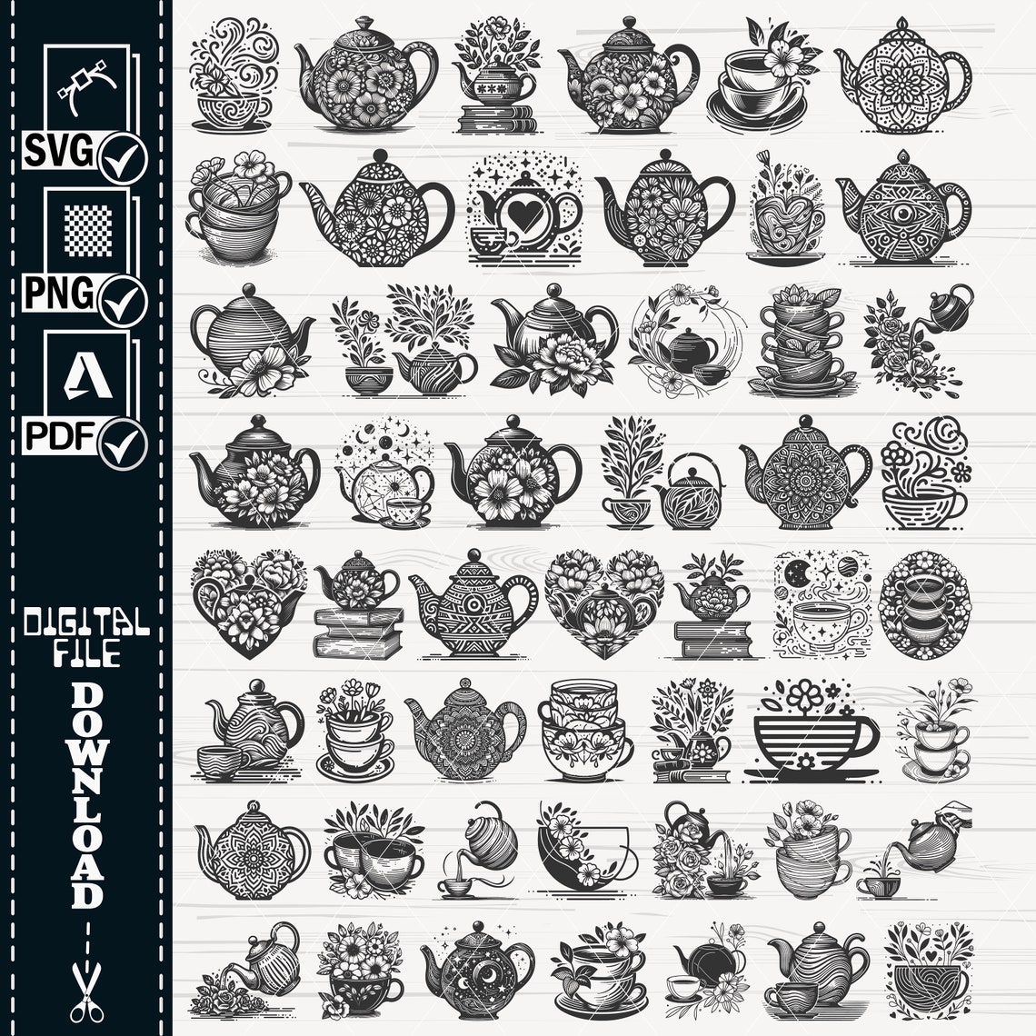 Floral Teapot & Teacup SVG Bundle, Tea Party Cut Files (digital ...