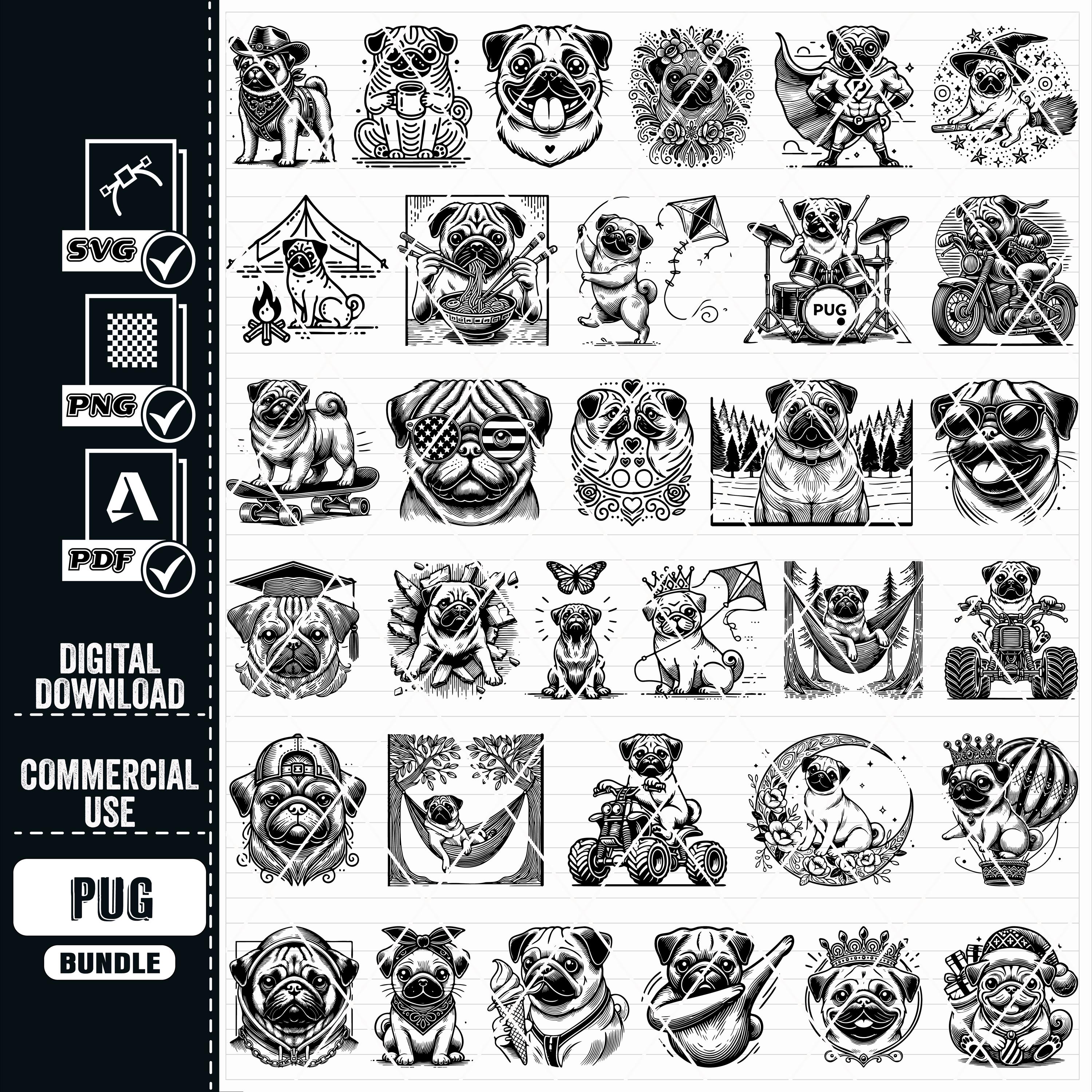 Pug SVG Clipart Bundle, Dog Silhouette Vector (digital Download) - Etsy