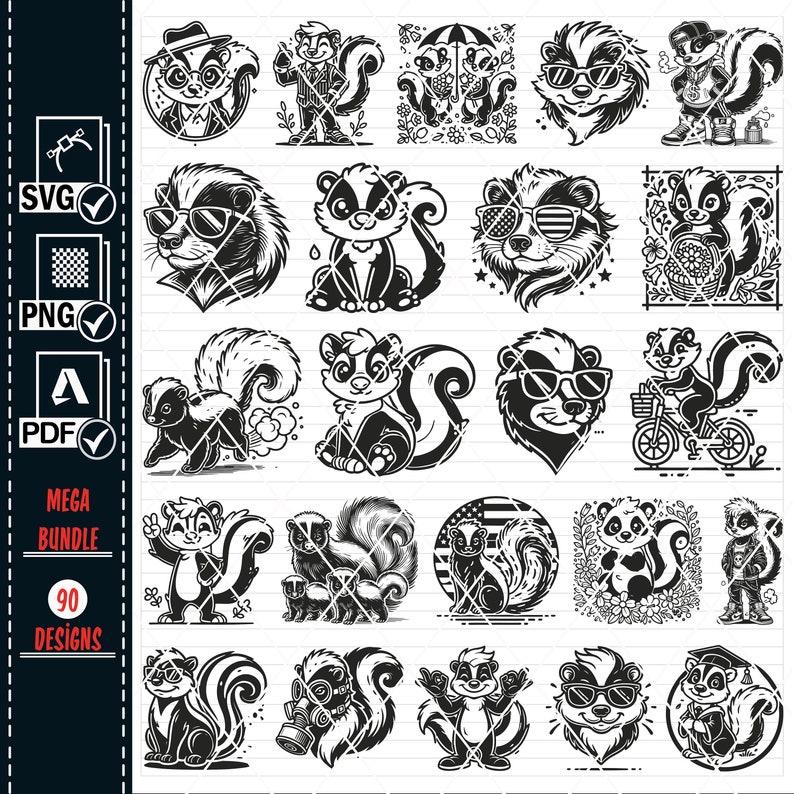 Skunk SVG PNG Mega Bundle, Hand Drawn Floral Clipart (digital Download ...