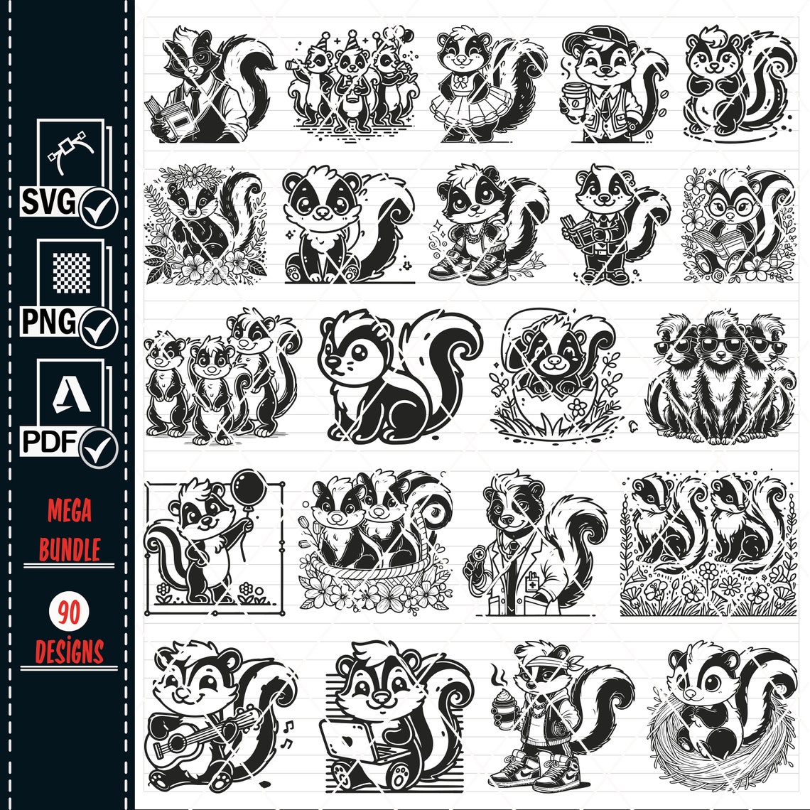 Skunk SVG PNG Mega Bundle, Hand Drawn Floral Clipart (digital Download ...