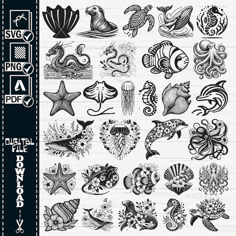 Floral Sea Animals SVG, Ocean Life Clipart (digital Download) - Etsy