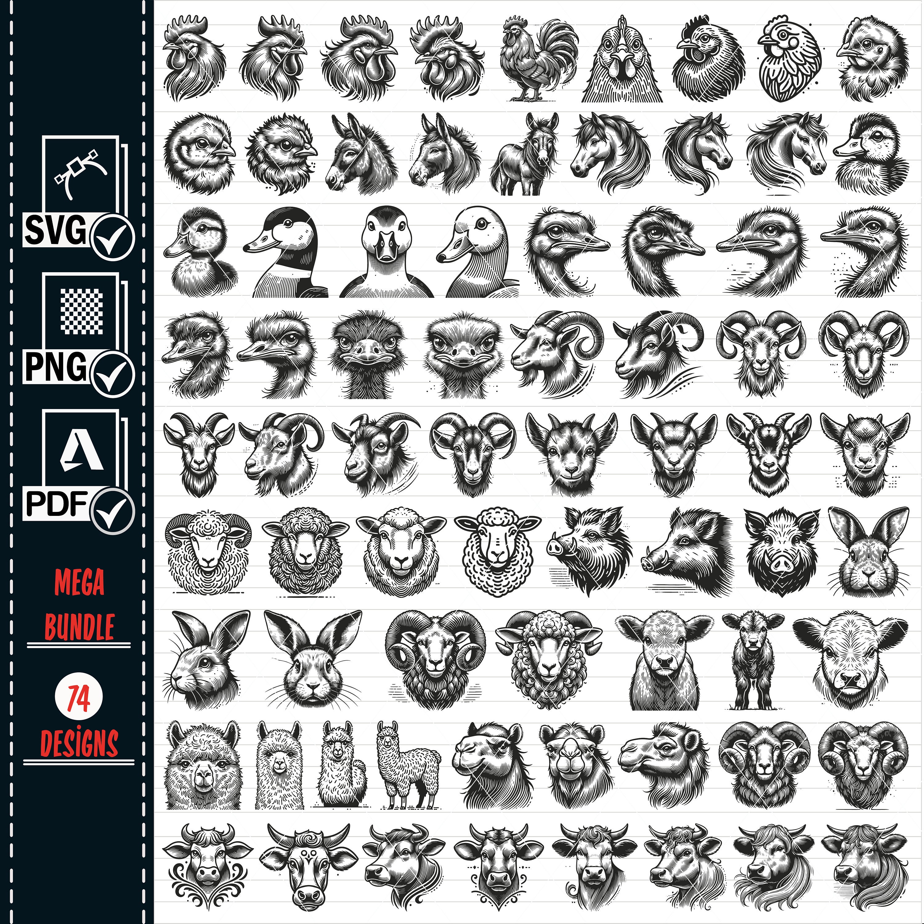Farm Animals Vector Graphics, Mega Bundle SVG, PNG, PDF - Etsy