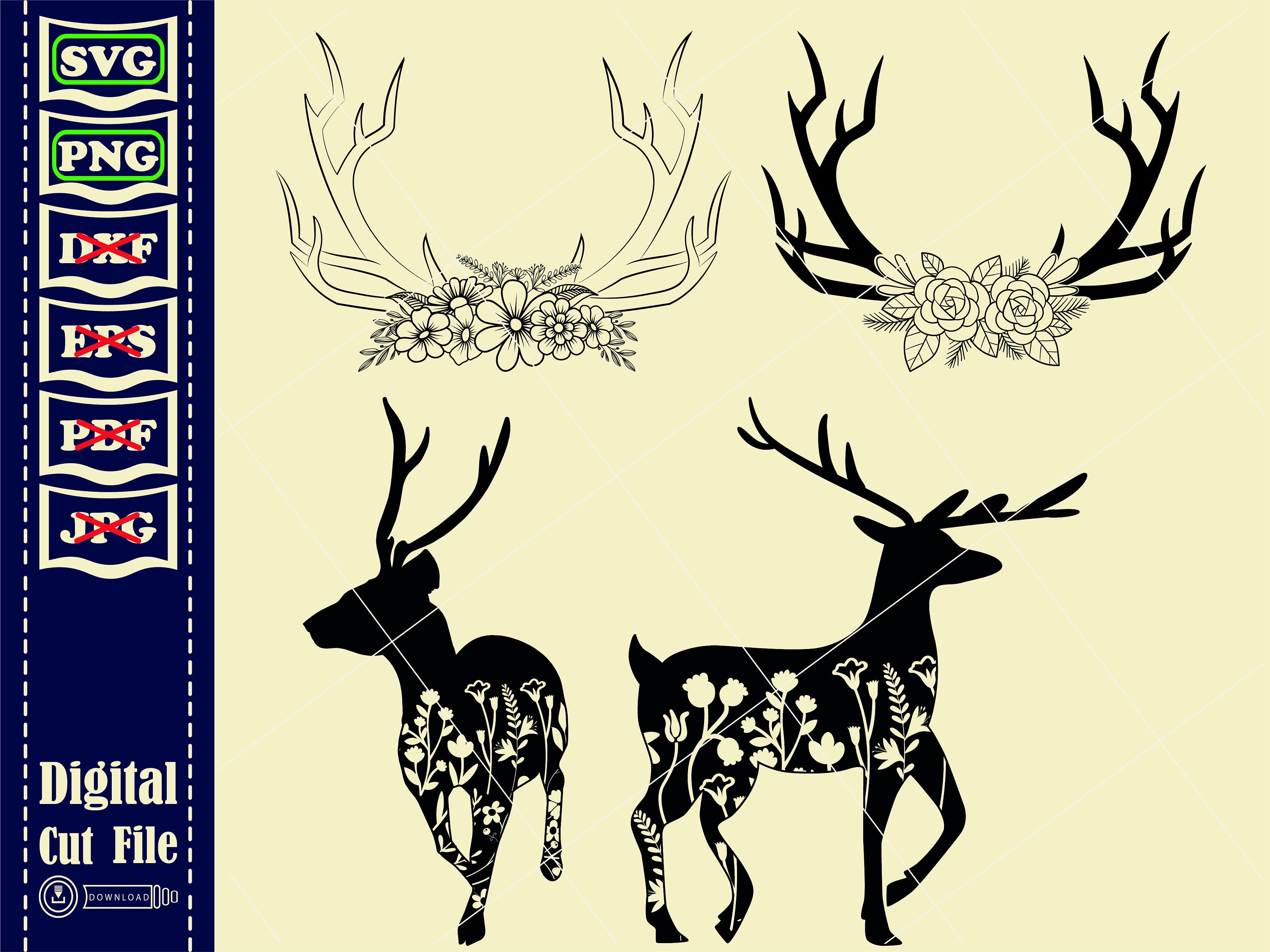 Deer Svg Cut File 1 Deer Face Svg Floral Deer Svg Antler - Etsy