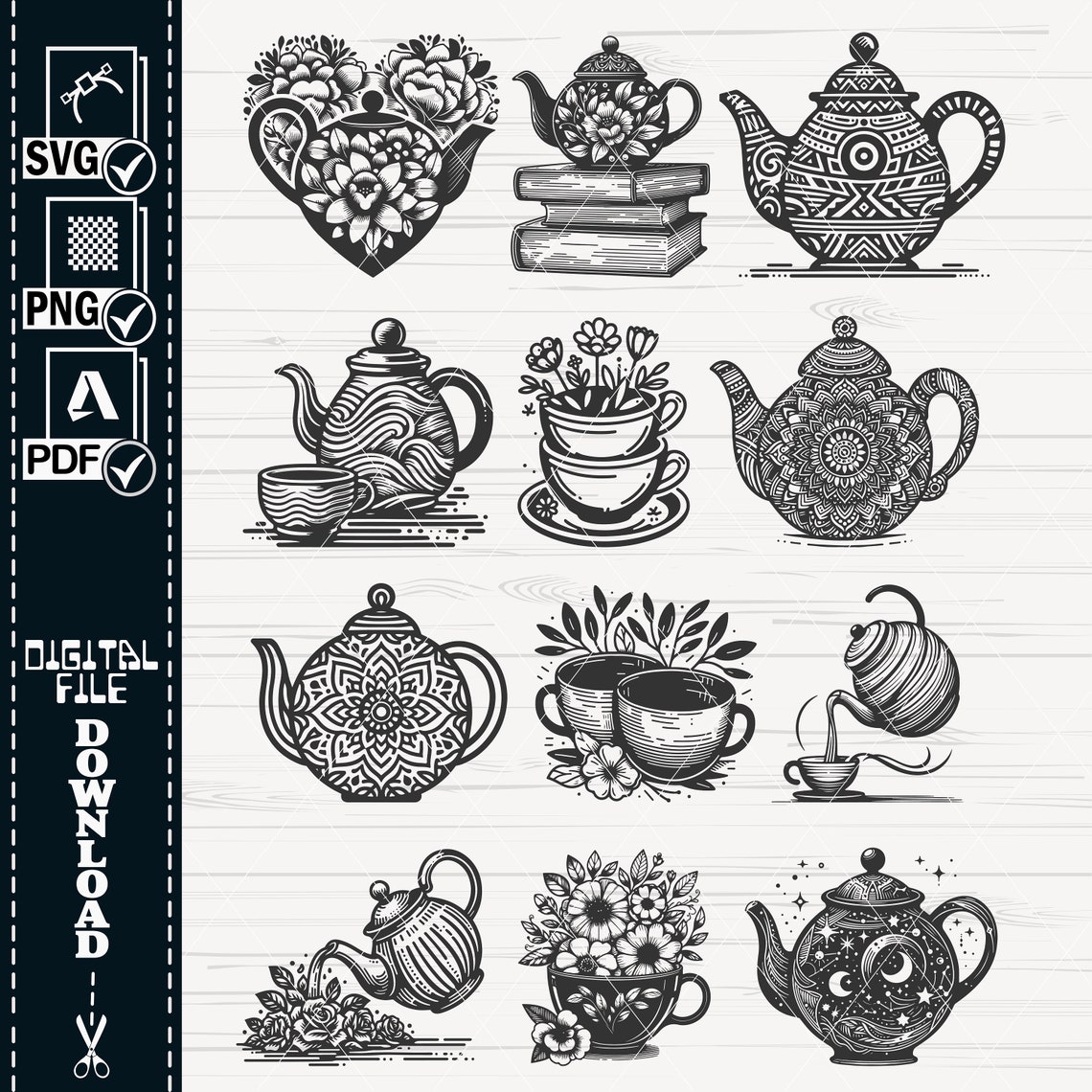 Floral Teapot & Teacup SVG Bundle, Tea Party Cut Files (digital ...