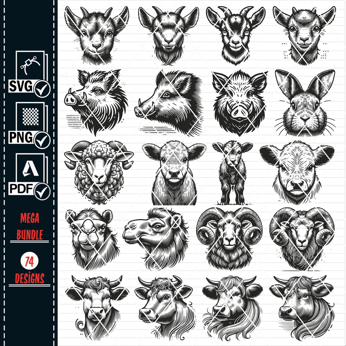 Farm Animals Vector Graphics, Mega Bundle SVG, PNG, PDF - Etsy