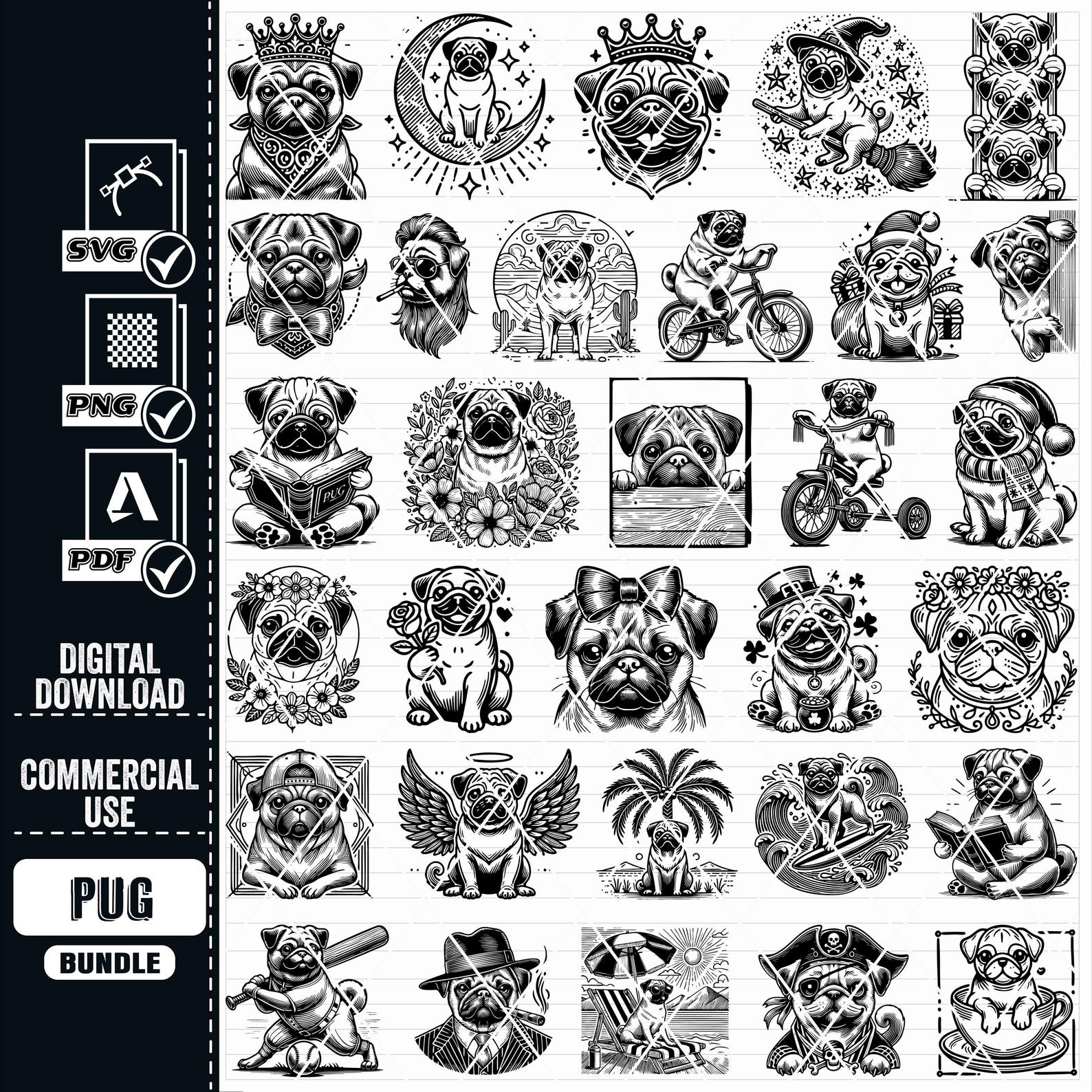 Pug SVG Clipart Bundle, Dog Silhouette Vector (digital Download) - Etsy