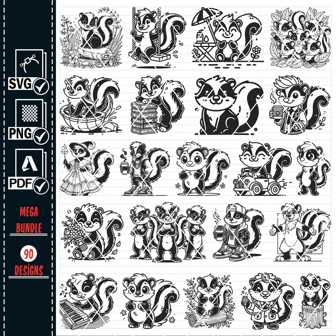 Skunk SVG PNG Mega Bundle, Hand Drawn Floral Clipart (digital Download ...