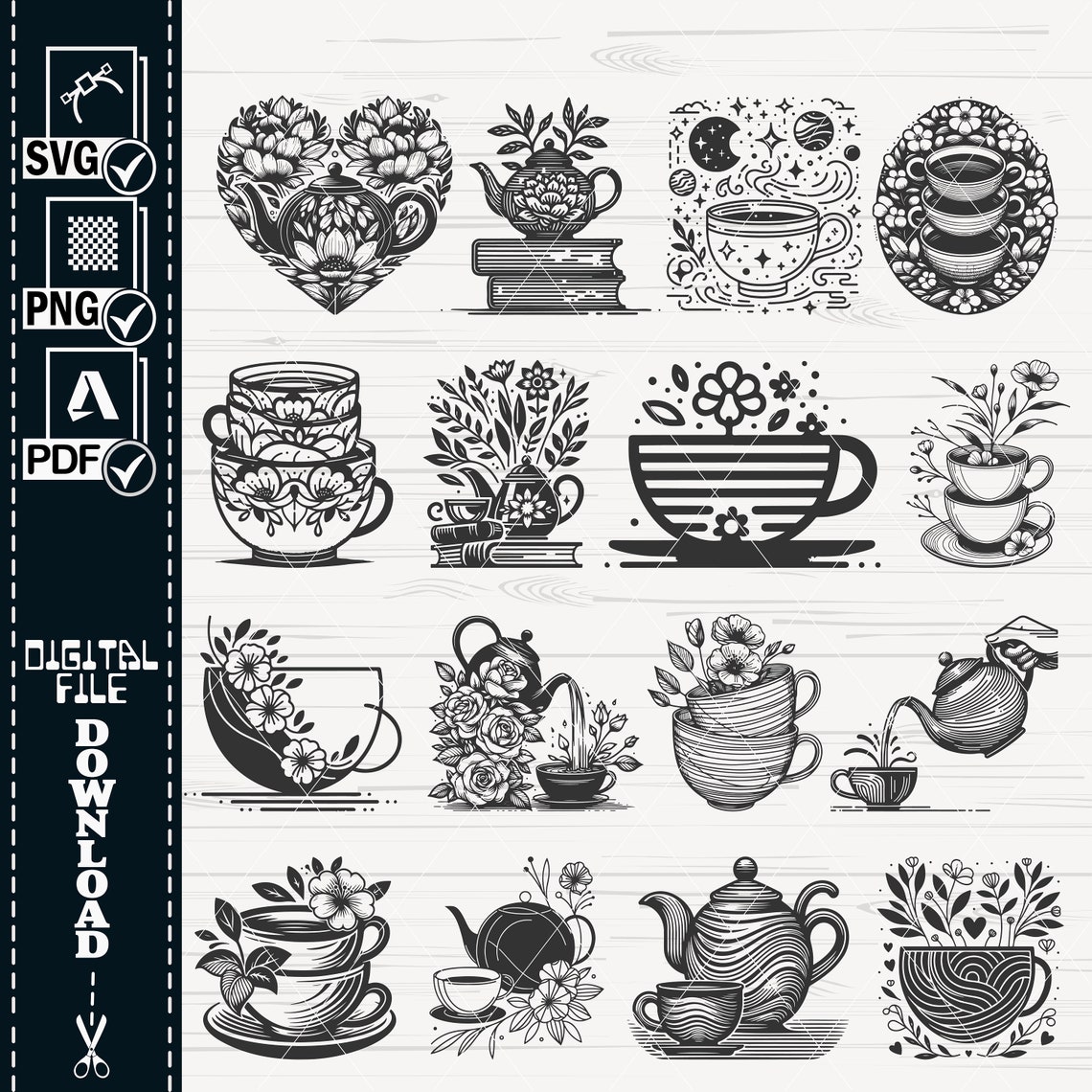 Floral Teapot & Teacup SVG Bundle, Tea Party Cut Files (digital ...