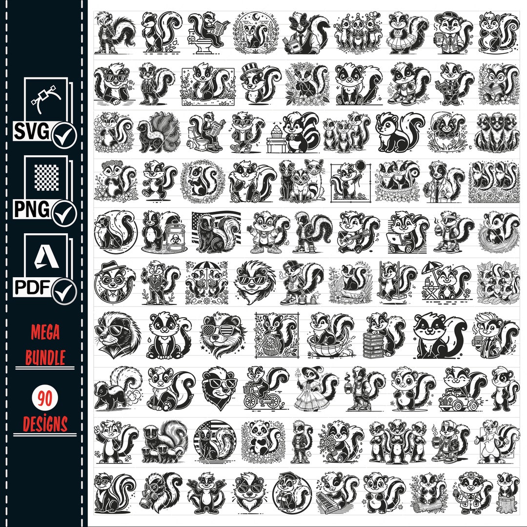 Skunk SVG PNG Mega Bundle, Hand Drawn Floral Clipart (digital Download ...
