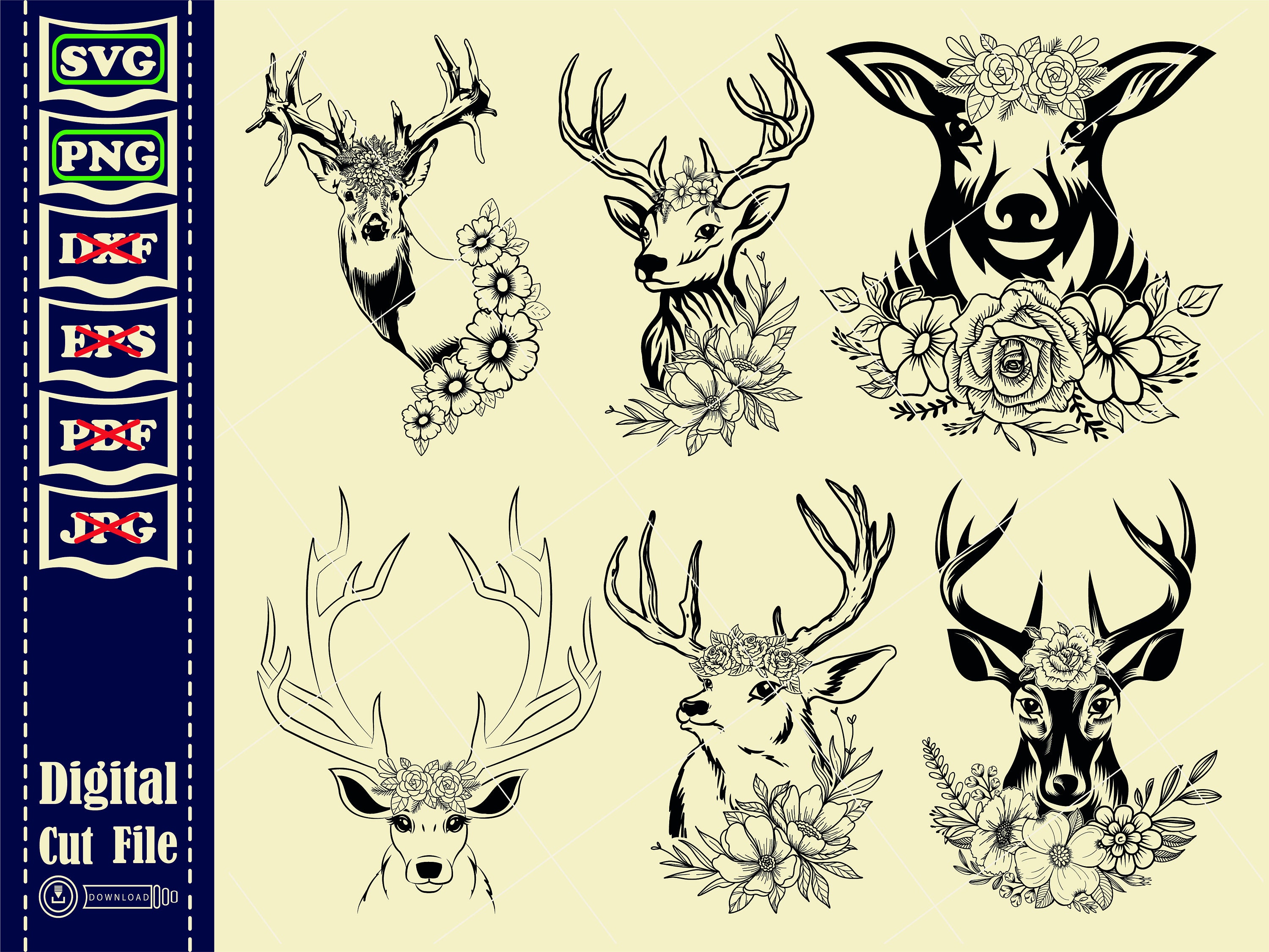 Deer Svg Cut File 1 Deer Face Svg Floral Deer Svg Antler - Etsy