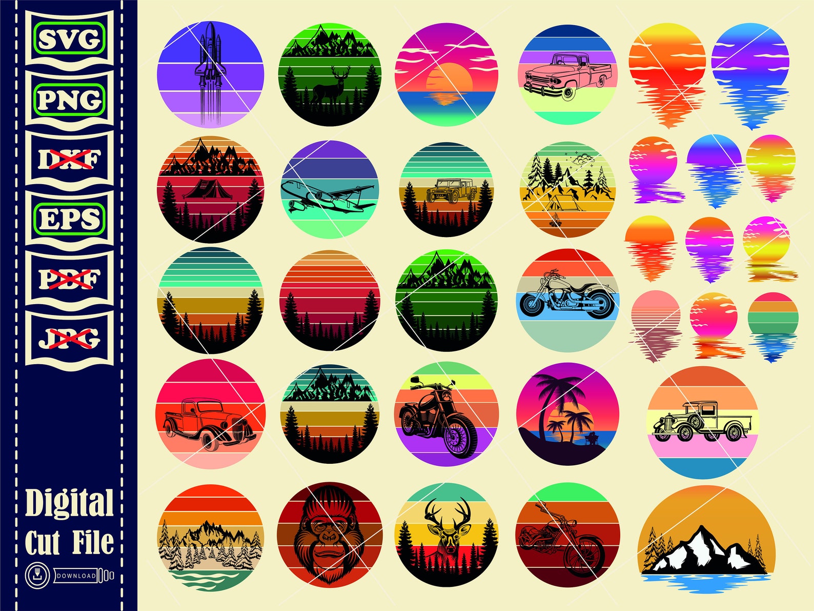 Retro Sunset SVG Bundle, Palm Tree Svg, Vintage Retro Sunset SVG, Retro ...