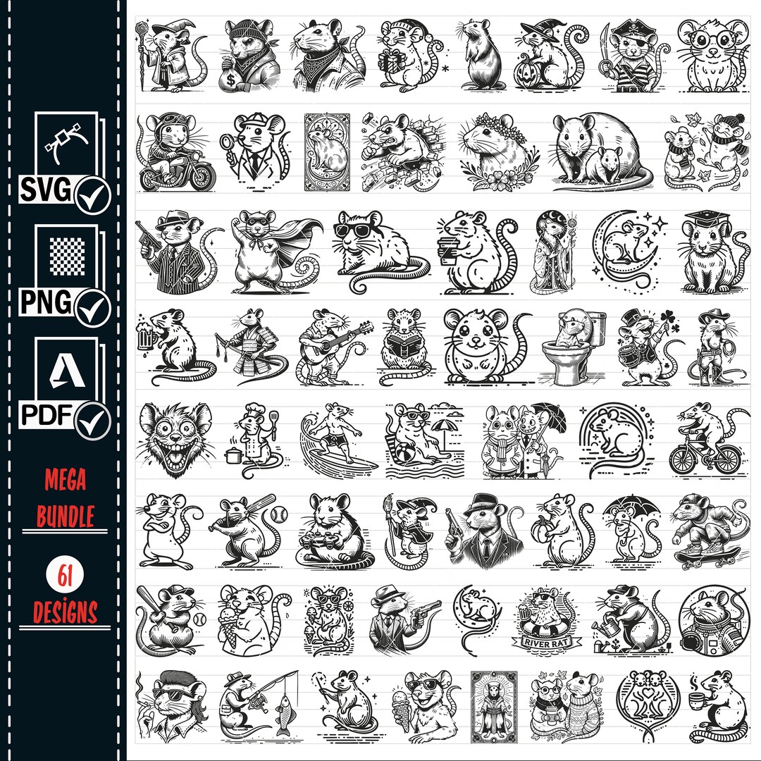 FUNNY RAT SVG Png Mega Bundle, Cute Rat Svg, Floral Rat Png, Rat Vector ...