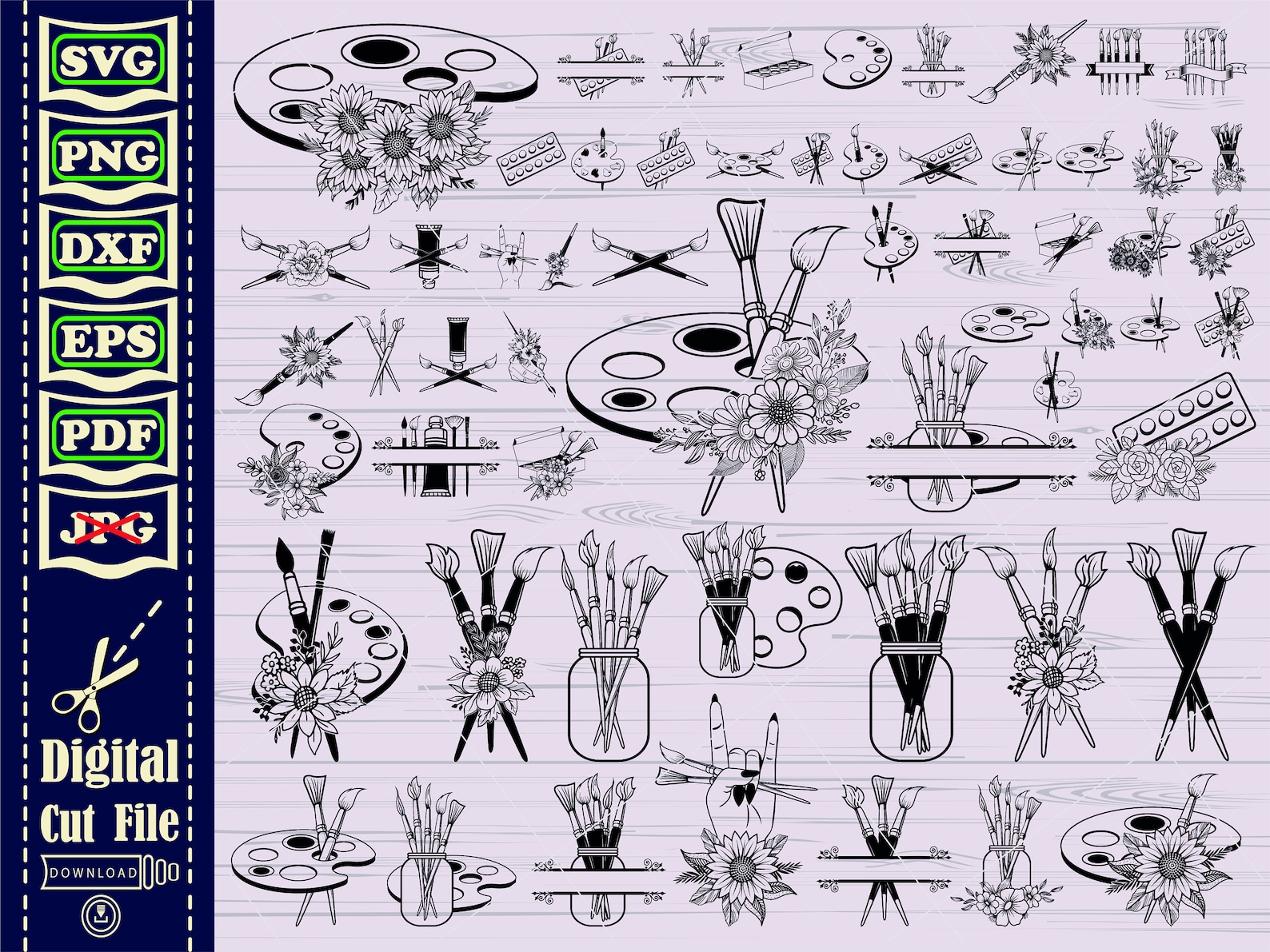 Artist Supplies SVG 1 Paint Brushes Svg Floral Palette Svg - Etsy