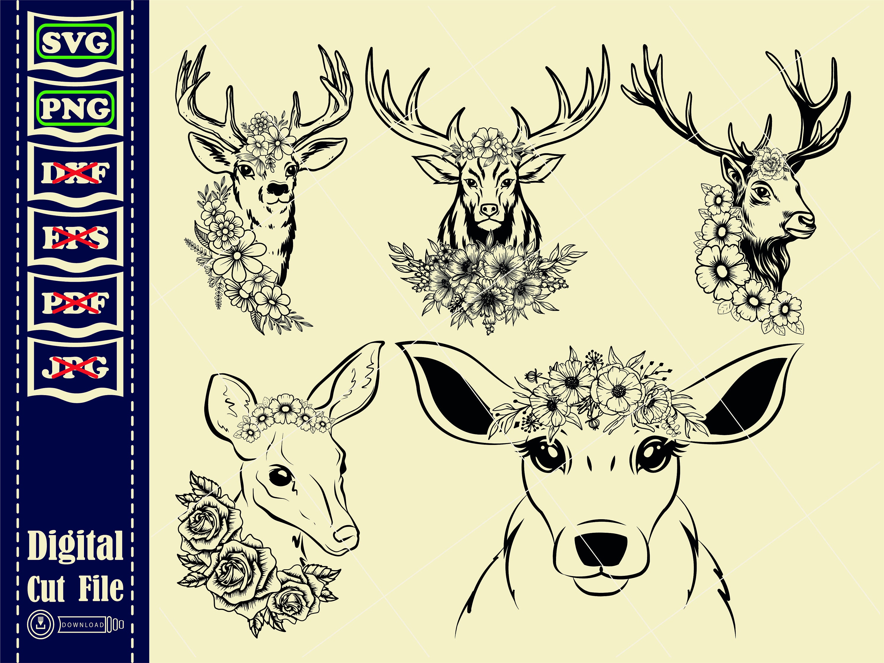 Deer Svg Cut File 1 Deer Face Svg Floral Deer Svg Antler - Etsy