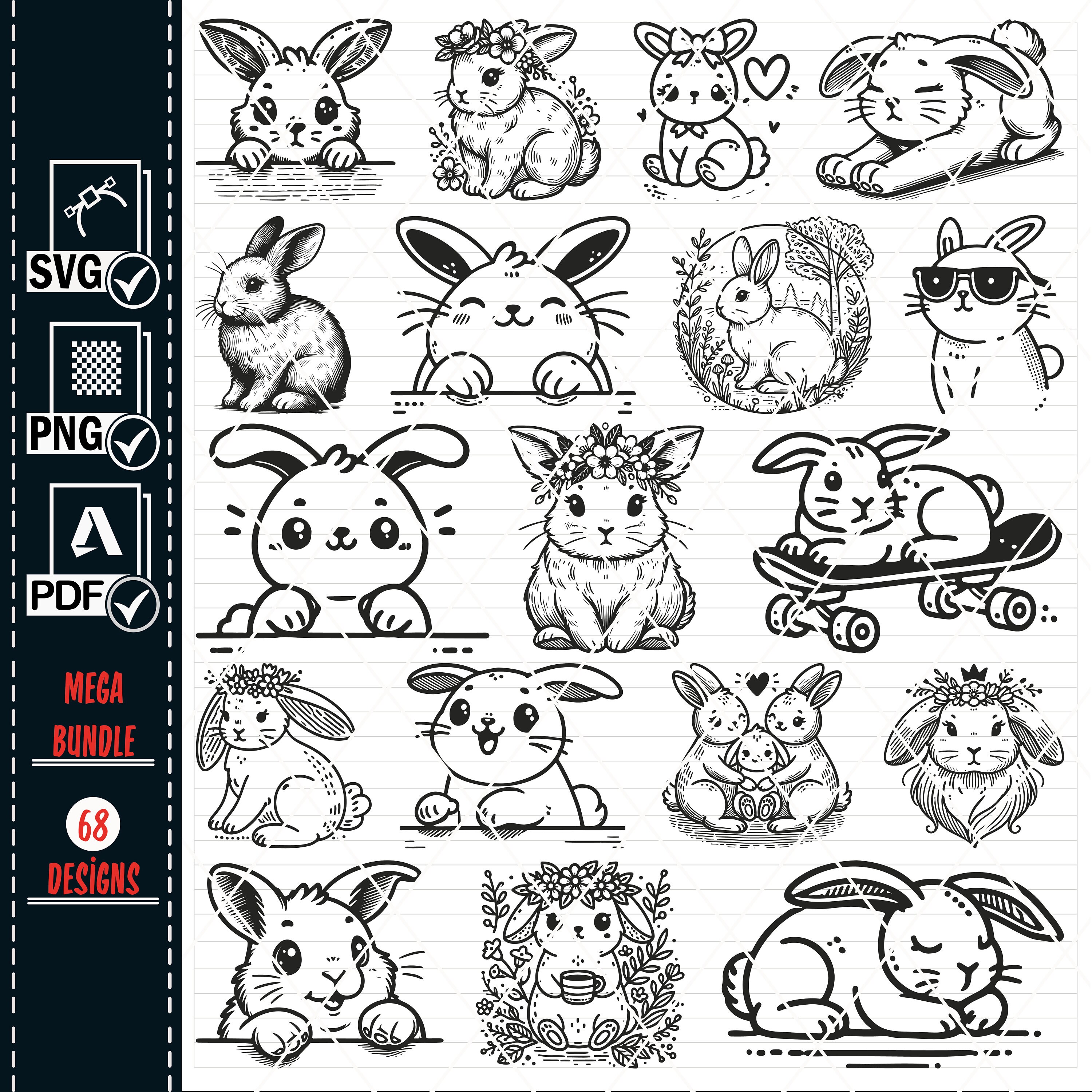 Rabbit SVG Mega Bundle, Easter Bunny Vector Clipart (digital Download ...