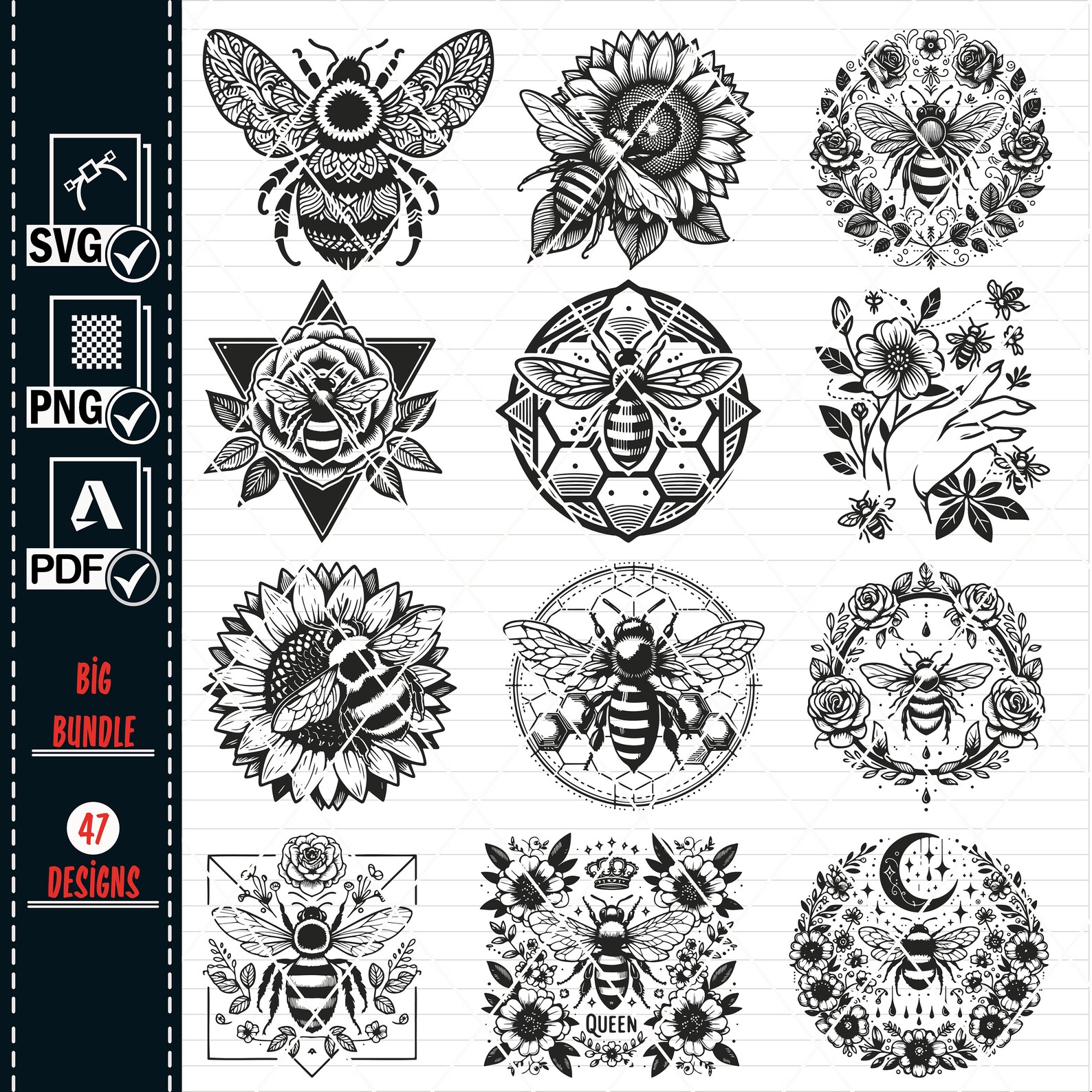 Floral Bee SVG Bundle, Honeycomb, Queen Bee Clipart (digital Download ...