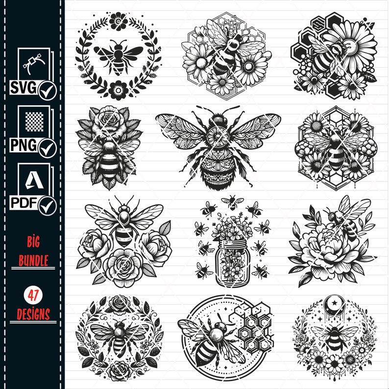 Floral Bee SVG Bundle, Honeycomb, Queen Bee Clipart (digital Download ...