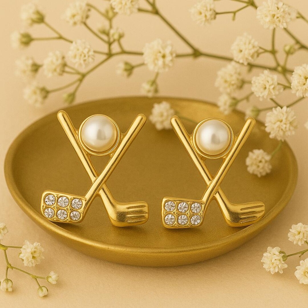 Gold Golf Stud Earrings – Pearl & Rhinestone Crossed Club Posts ...