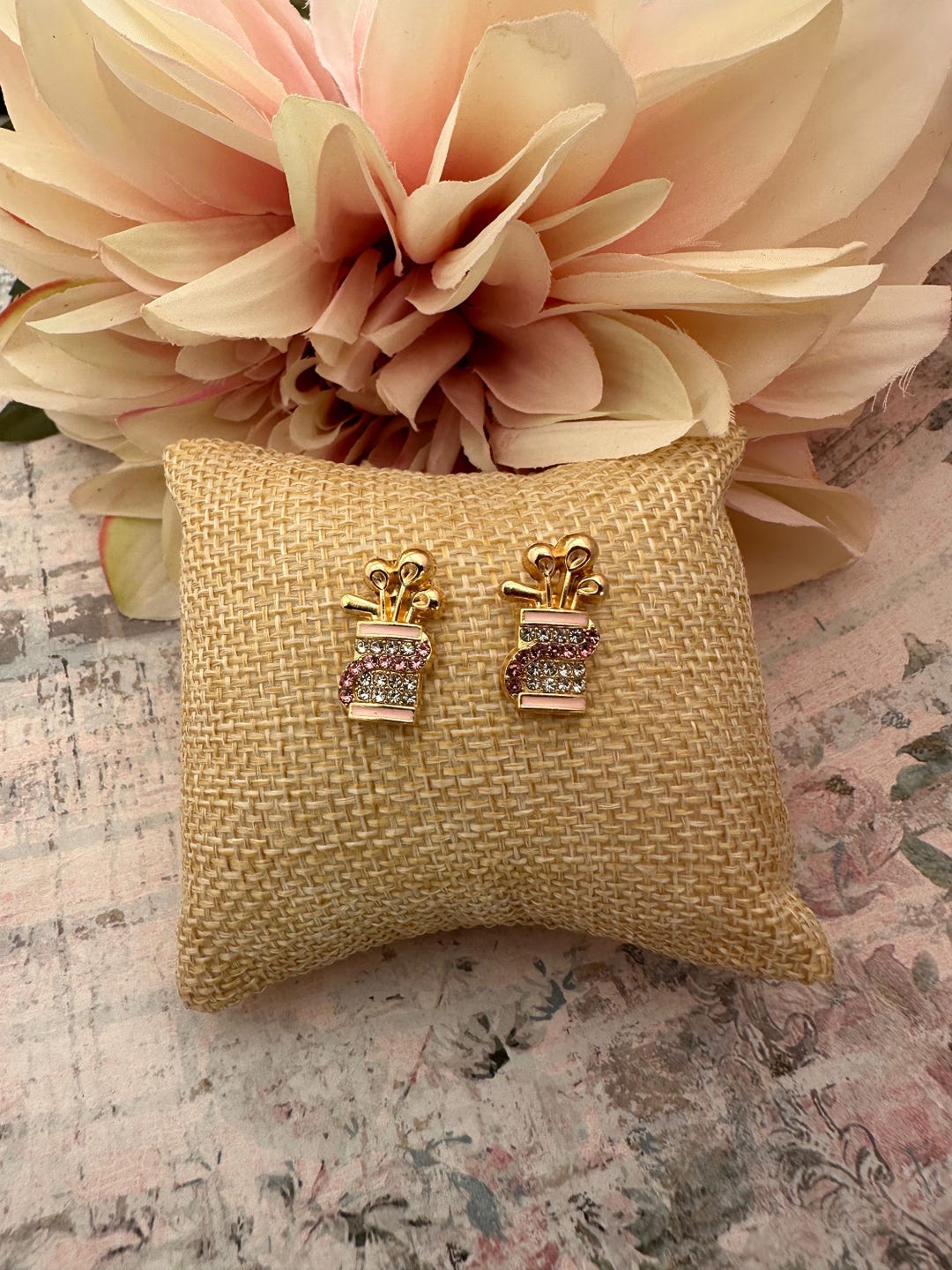 Golf Stud Earrings, Pink Golf Clubs and Bag Sparkly Golfer Jewelry for ...