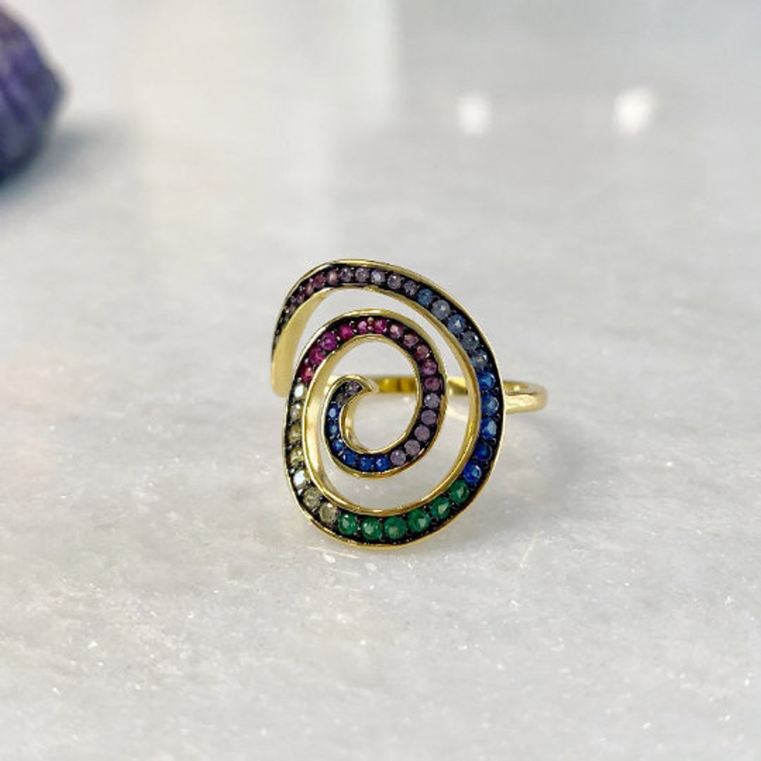 Gold Spiral Ring, Gold Rainbow Ring, Multi Coloured Ring, Swirl Ring ...