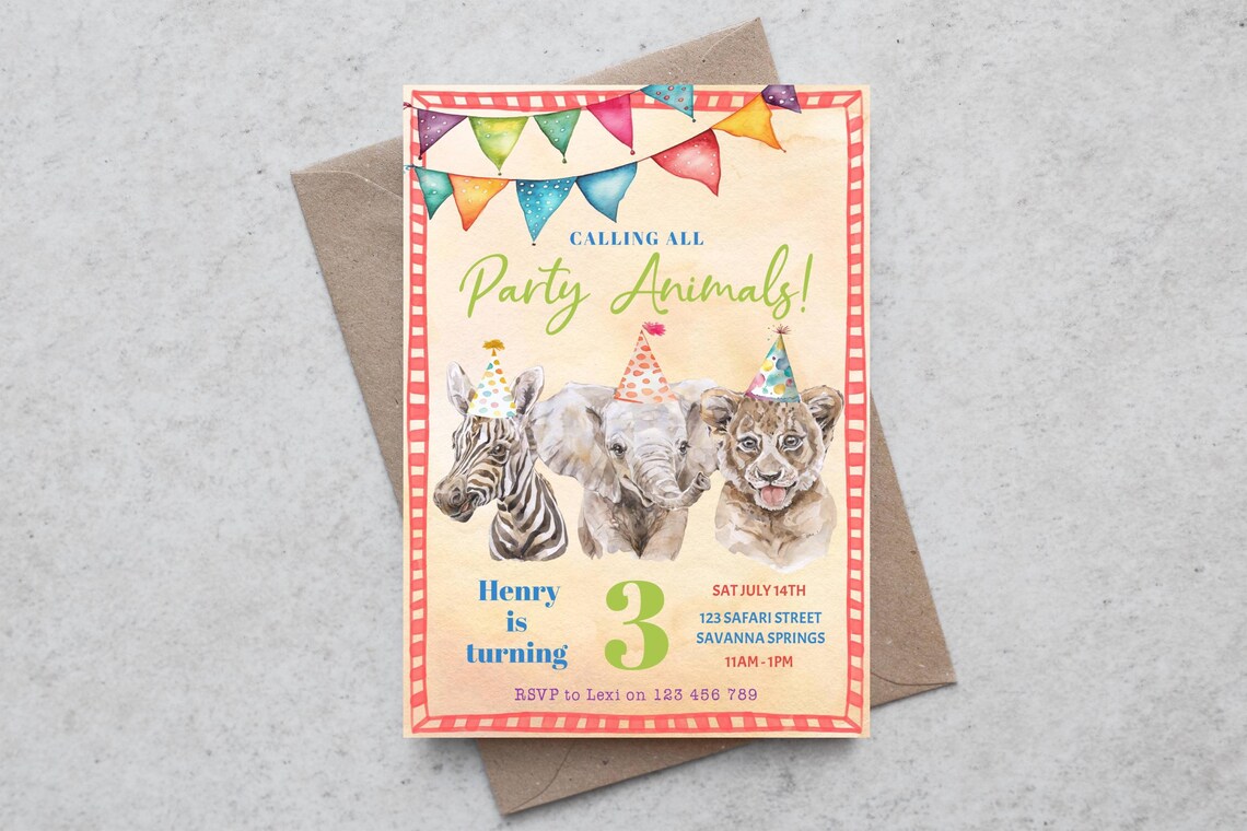 Jungle Safari Animals Birthday Invitation Wild Animals Printable ...