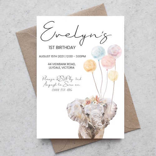 Printable Elephant Birthday Invitation Template Editable - Etsy