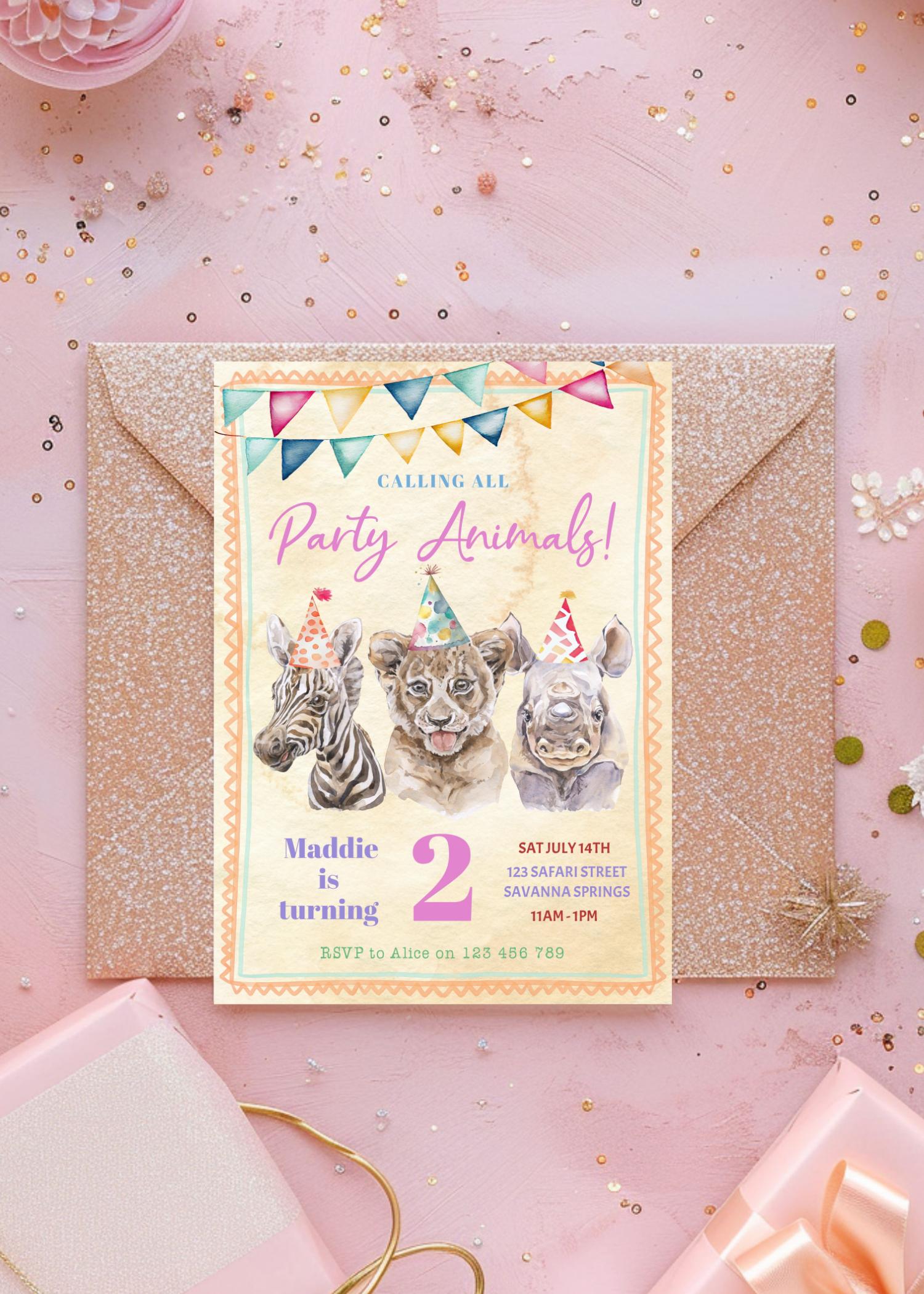 Editable Safari Animal Birthday Invitation Calling All Party Animals ...