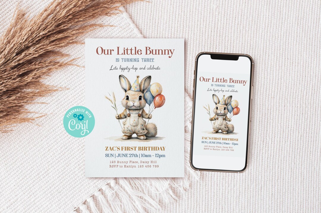 Bunny Rabbit Birthday Invitation, Kids Party Invite, Rabbit Themed ...