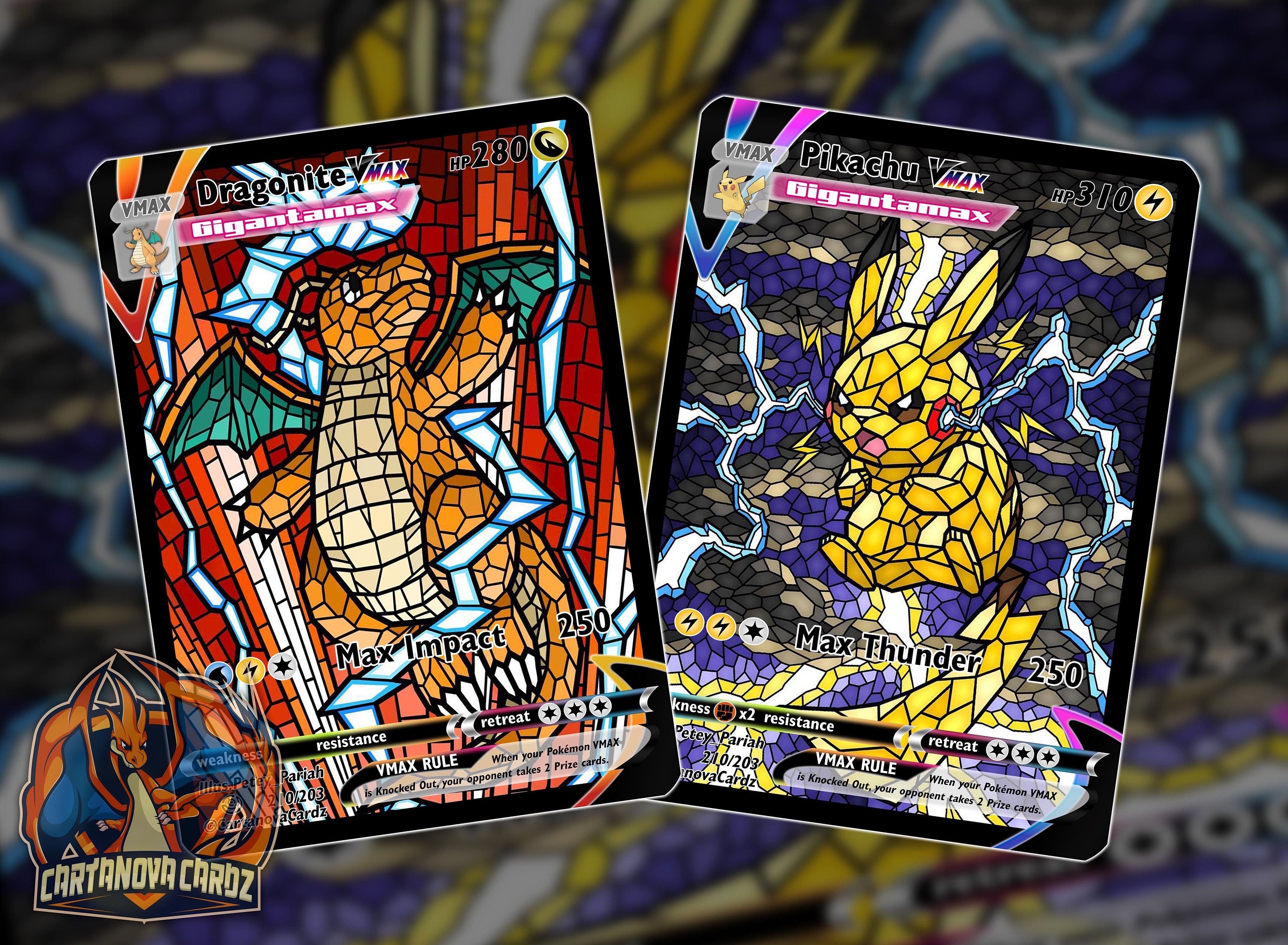 Pikachu & Dragonite VMAX Custom Pokemon Card Top Quality Mosaic Style ...