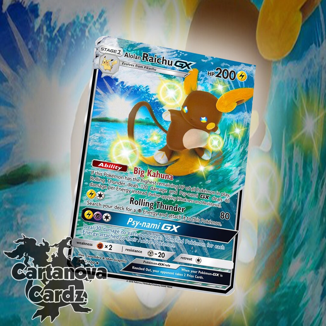 Shiny Raichu Gx Surfing Custom Pokemon Card Premium Quality - Etsy